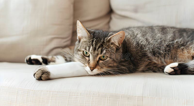 Plaster Cast on the Front Broken Paw of a Cat Lying on a Light Colored ...