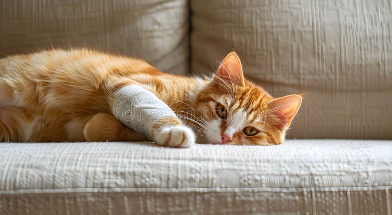 Plaster Cast on the Front Broken Paw of a Cat Lying on a Light Colored ...