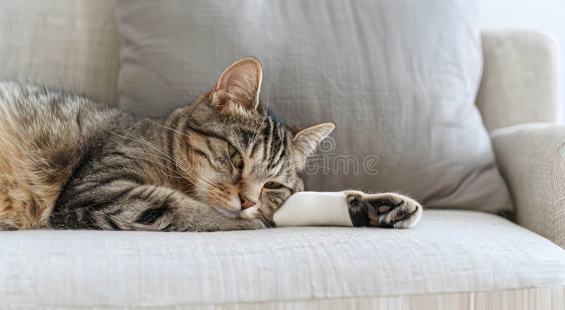 Plaster Cast on the Front Broken Paw of a Cat Lying on a Light Colored ...