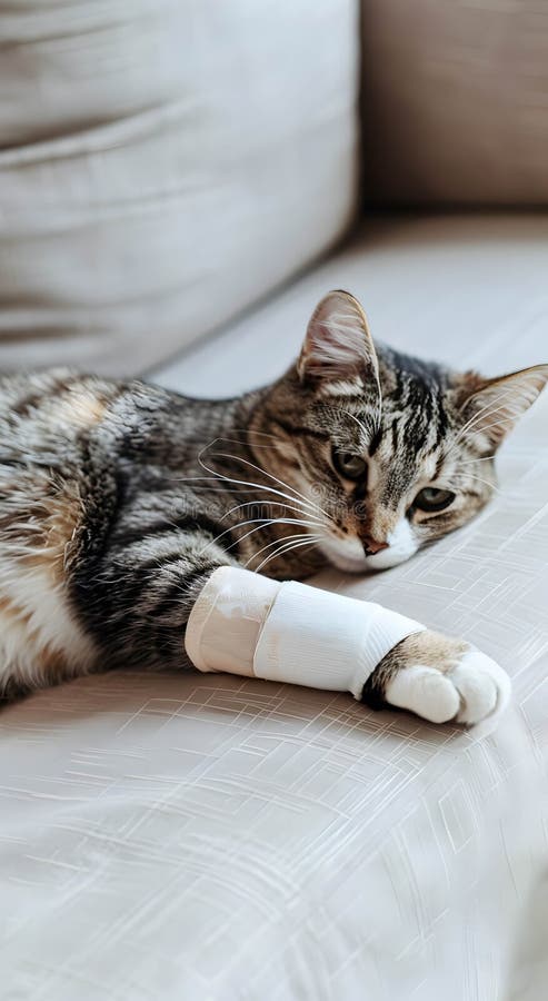Plaster Cast on the Front Broken Paw of a Cat Lying on a Light Colored ...
