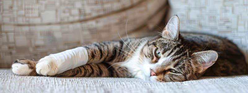 Plaster Cast on the Front Broken Paw of a Cat Lying on a Light Colored ...