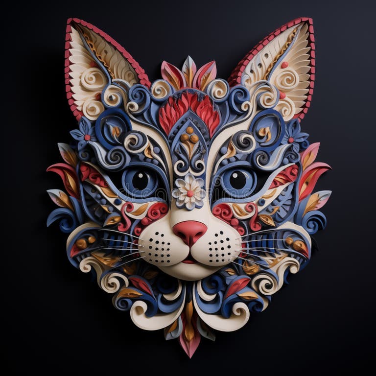 Plaster Cat Head with Carved Color Patterns, AI Stock Illustration ...