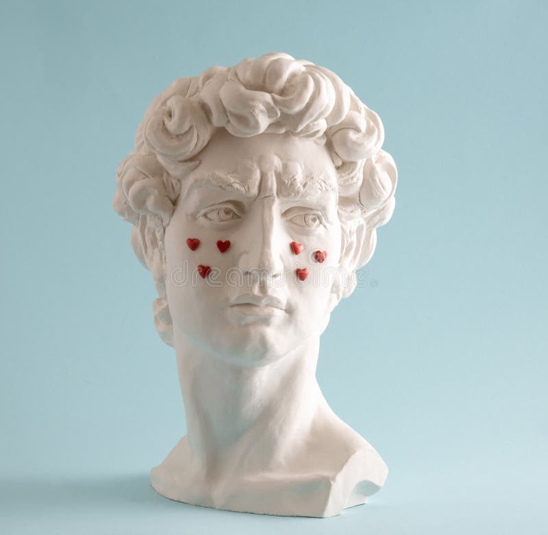 Plaster Head of Statue with Pink Wig and Eyelashes. Man and Woman in ...