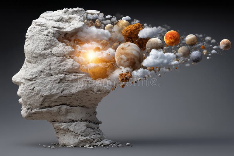 A Plaster Sculpture of a Human Head from Which the Planets of the Solar ...