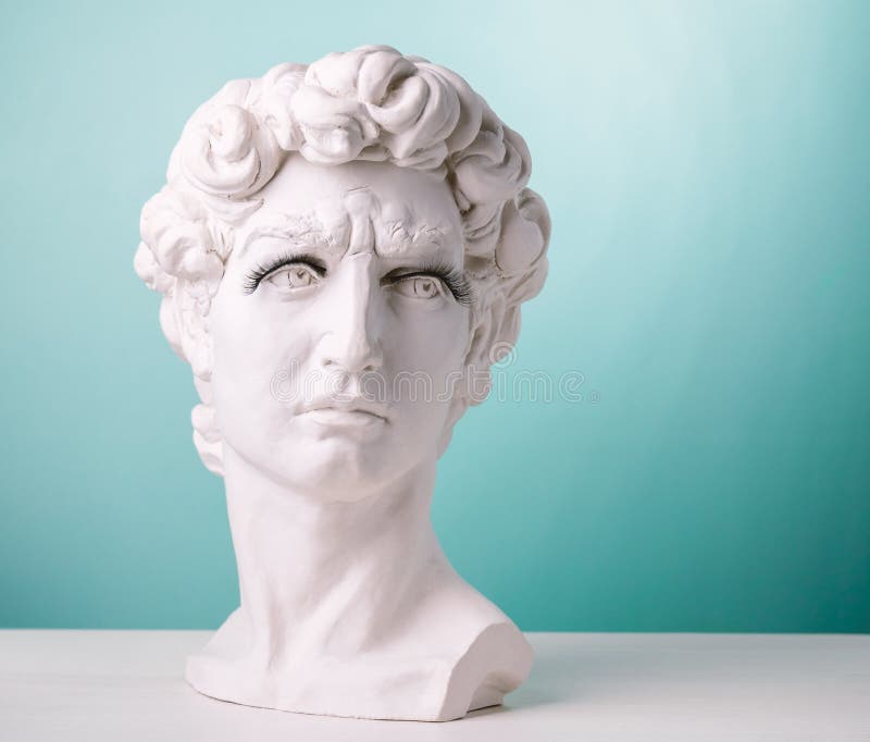 Plaster Statue Head Wearing Eyelashes Blue Background Stock Image ...