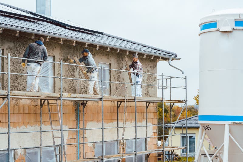 Plaster Worker on Scaffold Working Stock Image - Image of labor ...