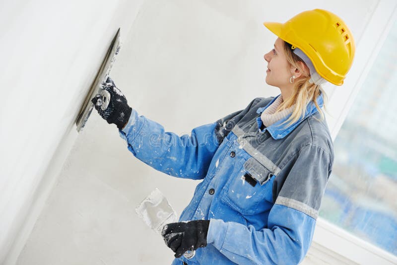 Plasterer at Indoor Wall Work Stock Image - Image of palette, lute ...