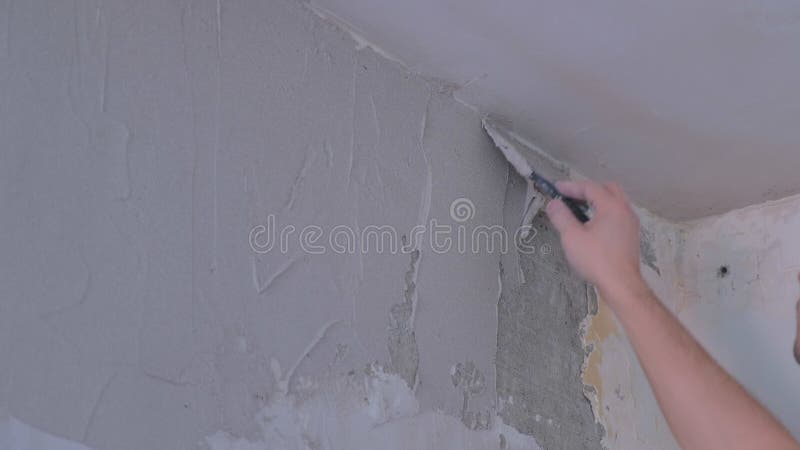 Handyman Man Spackling Gypsum Plasterboard Ceiling with Putty Stock ...