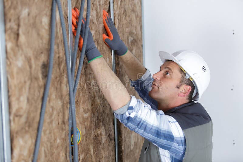Plasterer Worker at Indoors Wall Insulation Works Stock Image - Image ...