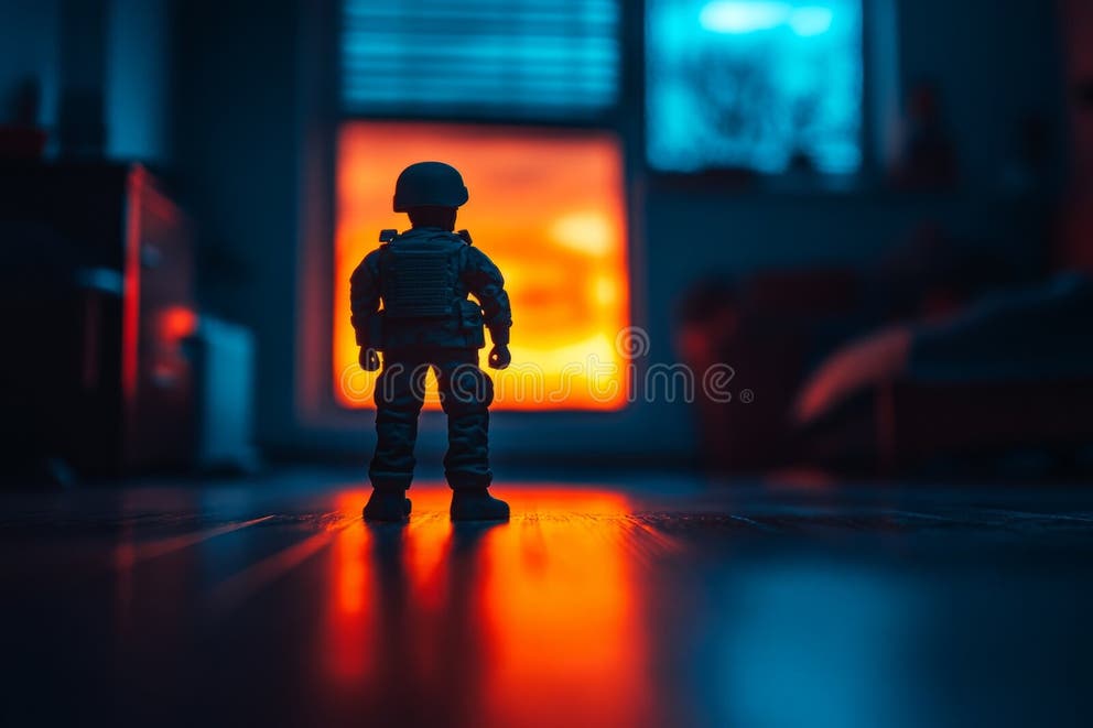 Plastic Army Soldier Standing in Front of Orange Light in a Dark Room ...