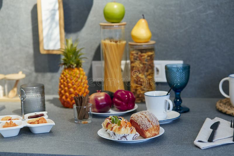 Plastic Artificial Fruits and Desserts in the Studio Cuisine. Food ...