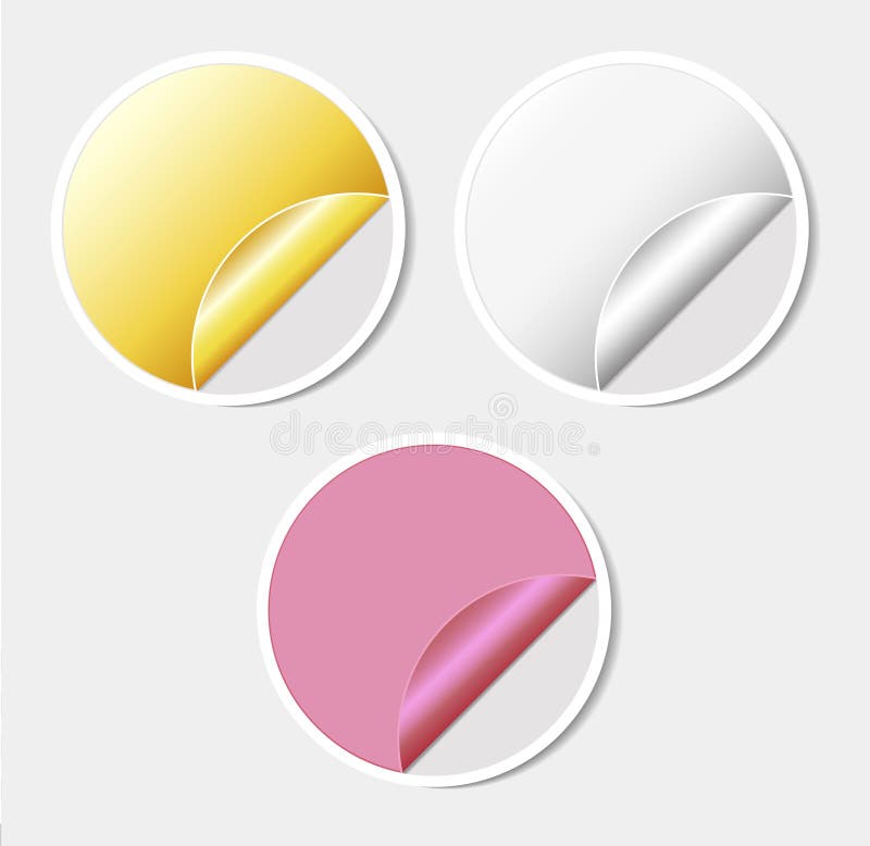Set of Round Stickers with Bent Edge. Golden, Silver and Pink. Blank ...