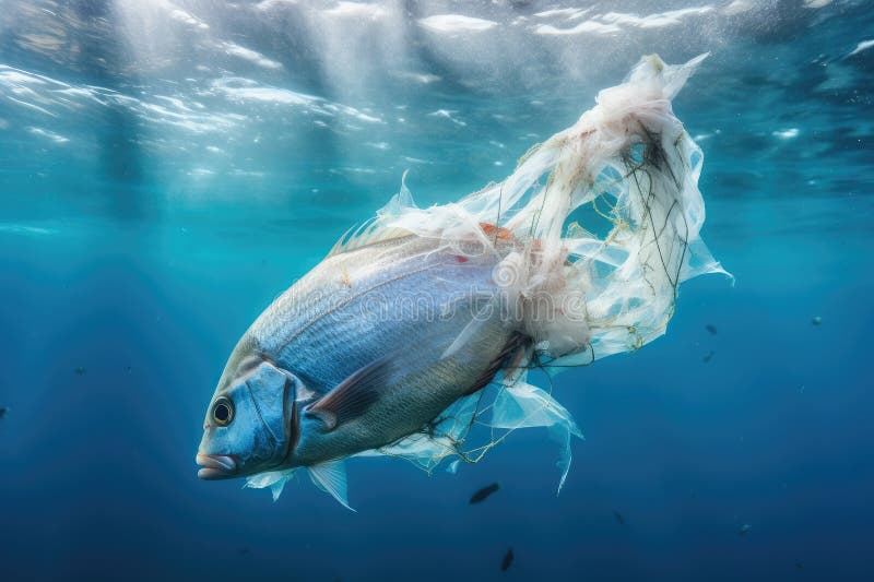 Plastic Bag Caught in Fishing Net, Tangled among Fish Stock ...