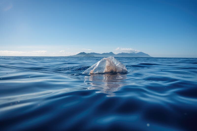 Plastic Bag Drifting in Ocean Current, with View of Distant Shore ...