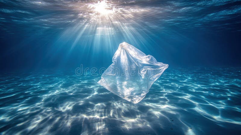 Plastic Bag Floating in Clear Ocean Water Illuminated by Sunlight ...