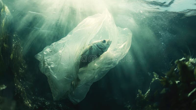 A Plastic Bag Floating in the Ocean with a Fish Trapped Inside Stock ...