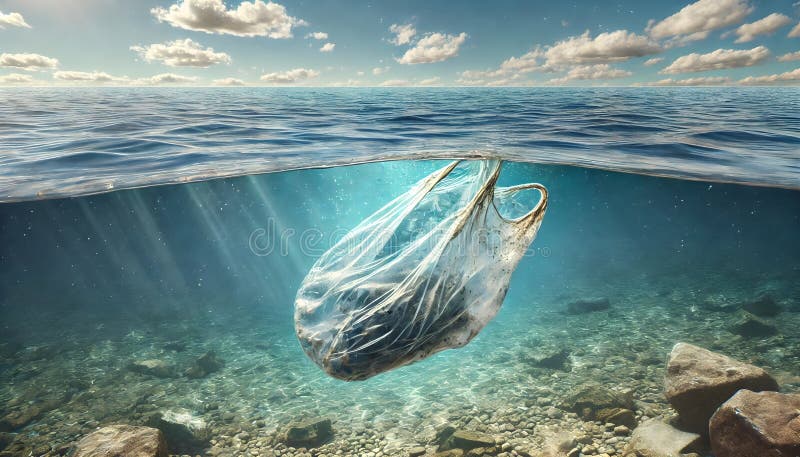 Plastic Bag Floating in Ocean Water Stock Illustration - Illustration ...