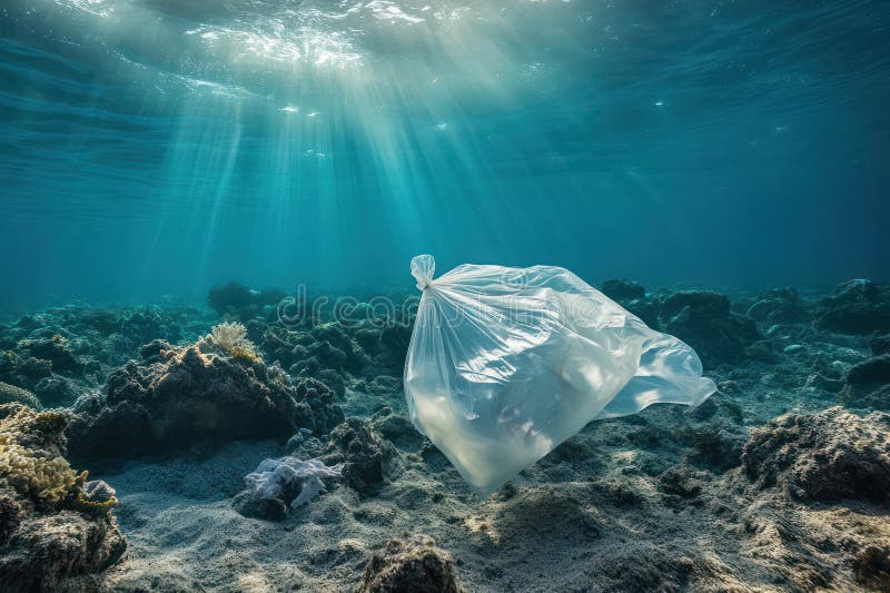 Plastic Bag Floating Underwater Causing Ocean Pollution Stock Photos ...