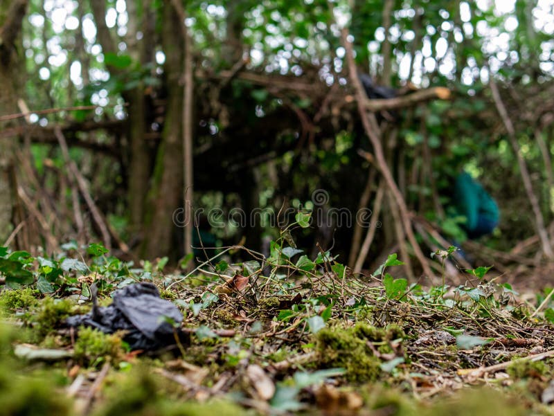 Plastic Bag in a Forest in Focus, Handmade Hut in the Background Out of ...