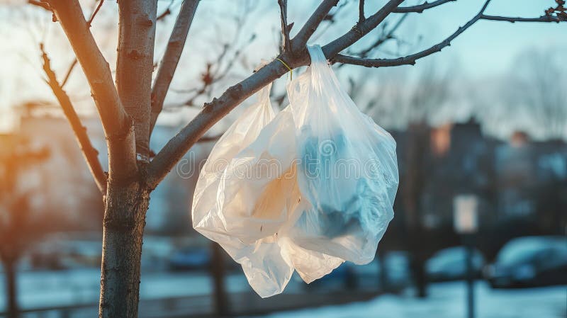 Plastic Bag Hanging from Tree Branch in Urban Park, Environmental ...