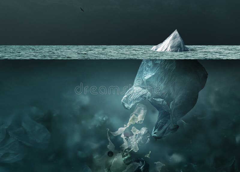 Plastic Bag Iceberg Floating in the Ocean and Global Warming Concept ...