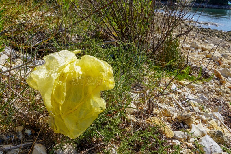 Plastic Bag Thrown on the Sandy Shore at the Beach, Environmental ...