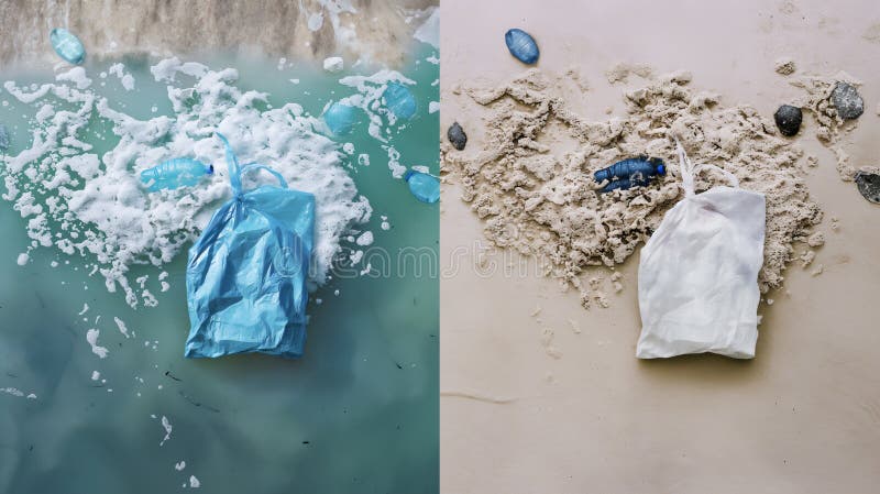 Plastic Bags and Bottles Polluting a Beach and Ocean, Highlighting ...