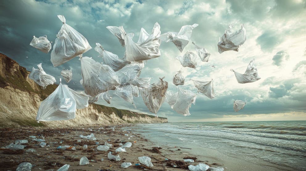 Plastic Bags Floating Over a Beach and Ocean Stock Photo - Image of ...