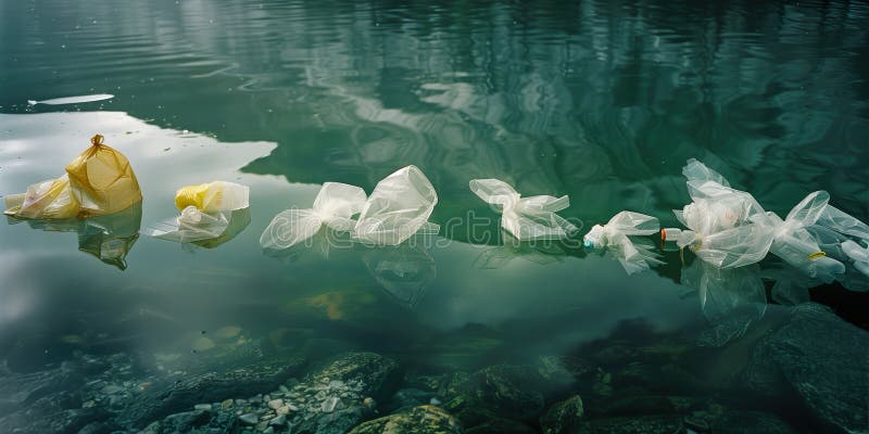Plastic Bags Polluted Lake or River Water in Forest, Dirty, Ecological ...