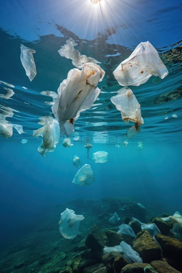 Plastic Bags Polluting the Oceans and Endangering Marine Life Stock ...