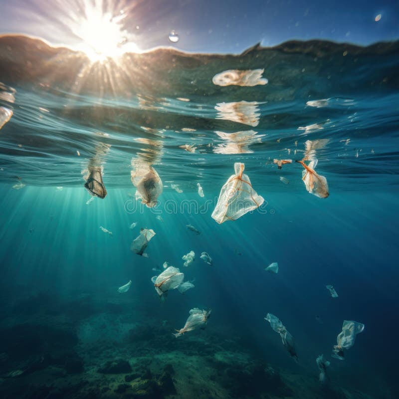 Plastic Bags Polluting the Oceans and Endangering Marine Life Stock ...