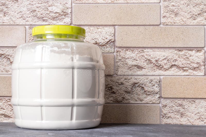Plastic Barrel with Flour on the Kitchen Table. Stock Photo - Image of ...