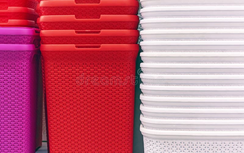 Plastic Baskets of Different Colors on the Store Counter Stock Photo ...