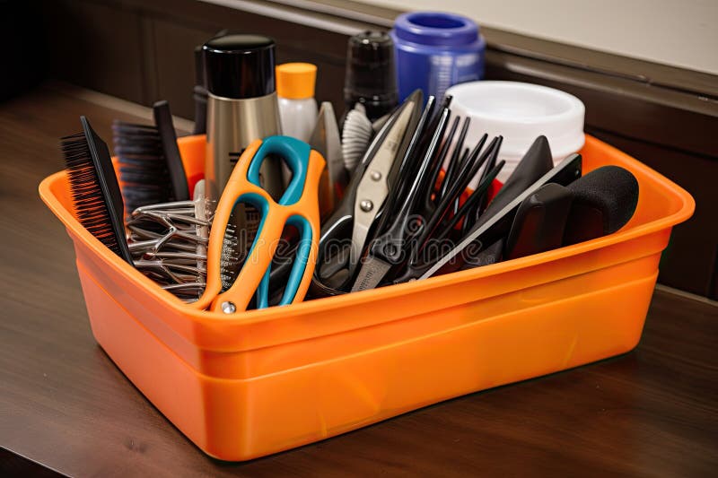 Plastic Bin Filled with Different Grooming Tools, Including Scissors ...