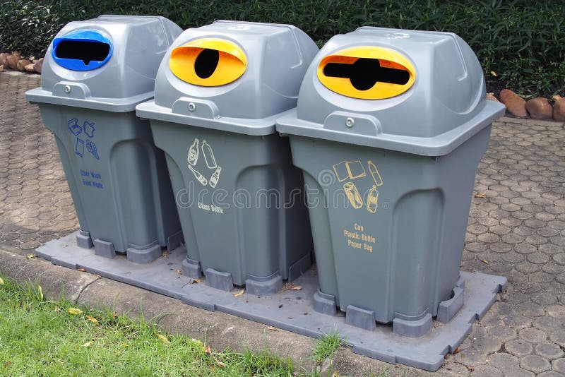 Plastic Bins are Placed on Sidewalk Edge in Public Park Stock Image ...