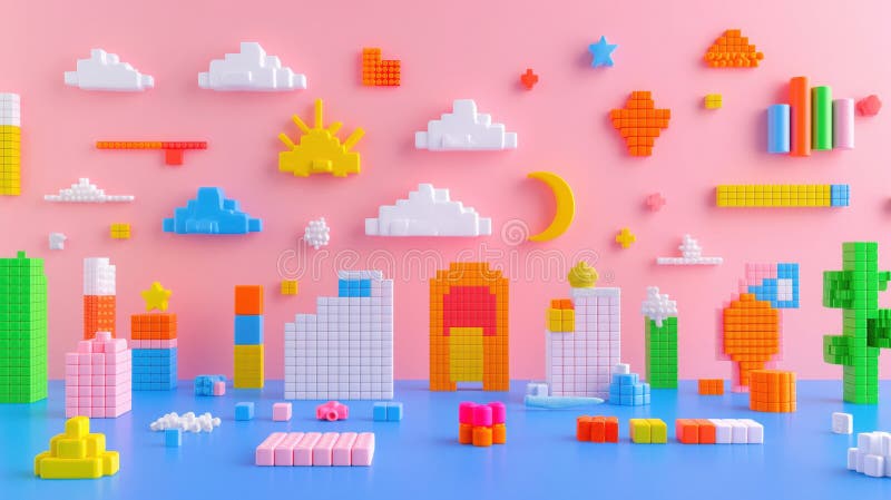 Plastic Blocks Forming Whimsical Pixelated Cityscape with Floating ...