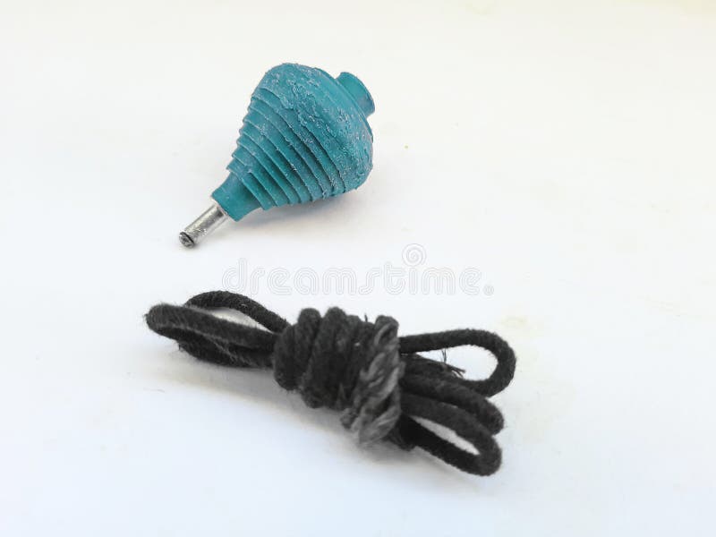 Plastic Blue Color Spinning Top Buguri Black Thread White Background ...