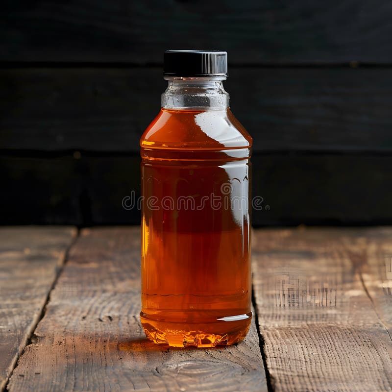 Plastic Bottle with Amber Liquid on Wooden Surface, Rustic Feel Stock ...