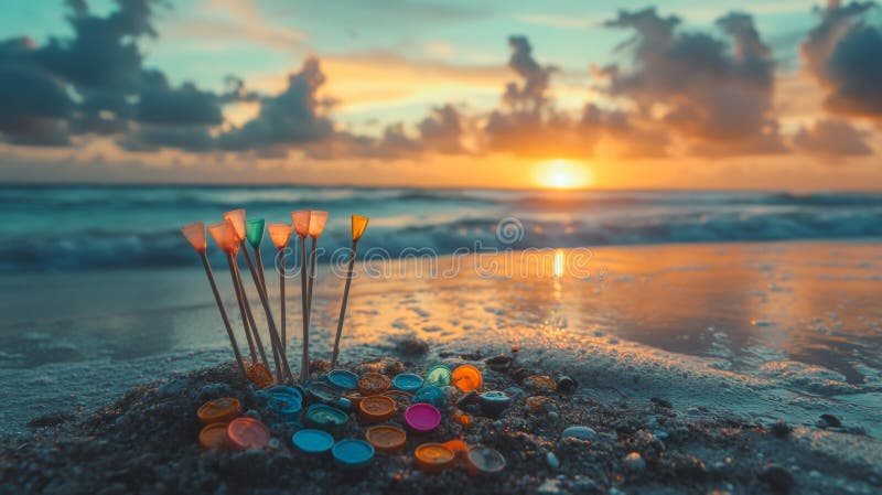 Plastic Bottle Caps and Cut-Off Tops on a Beach at Sunset Stock Image ...
