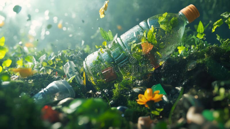 Plastic Bottle Decomposing in Lush Greenery, Environmental Degradation ...
