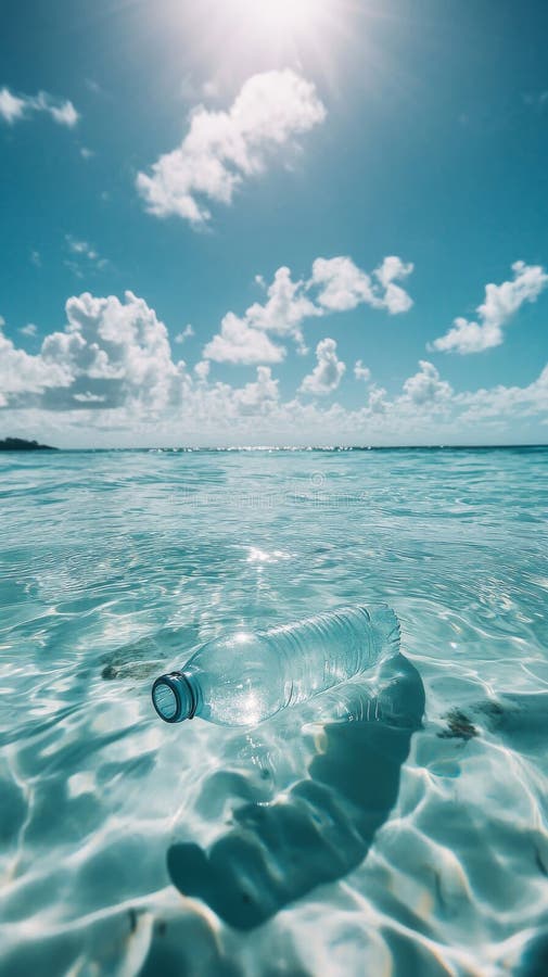 Plastic Bottle Floating in Clear Ocean Water Under Bright Sky ...