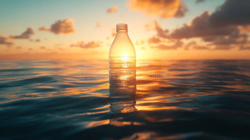 Plastic Bottle Floating in Ocean at Sunset, Glowing Sunlight and Clouds ...