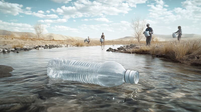 Plastic Bottle Floating in a Polluted River with People in Background ...