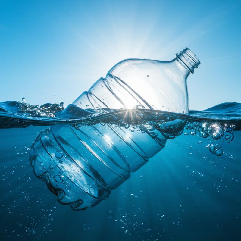 Plastic Bottle Floats on Ocean Surface, Waves and Sunlight Create Ocean ...