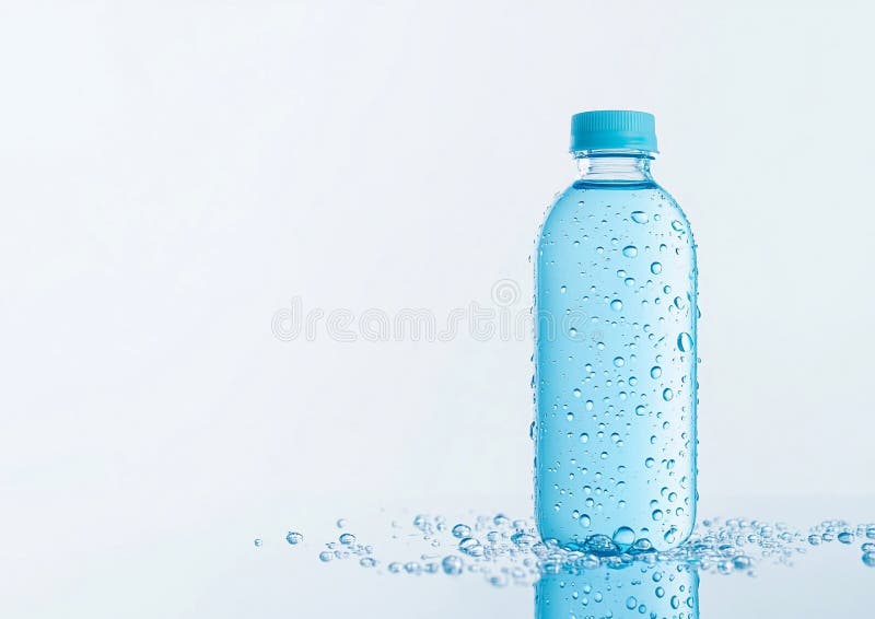 Plastic Bottle with Fresh Still Water on Wet Blue Background.Space for ...