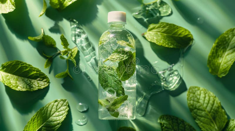 Plastic Bottle Infused with Mint Leaves for a Refreshing Drink Stock ...