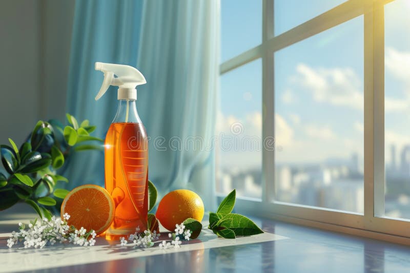 A Plastic Bottle of Orange Cleaning Solution Sits on a Table beside a ...