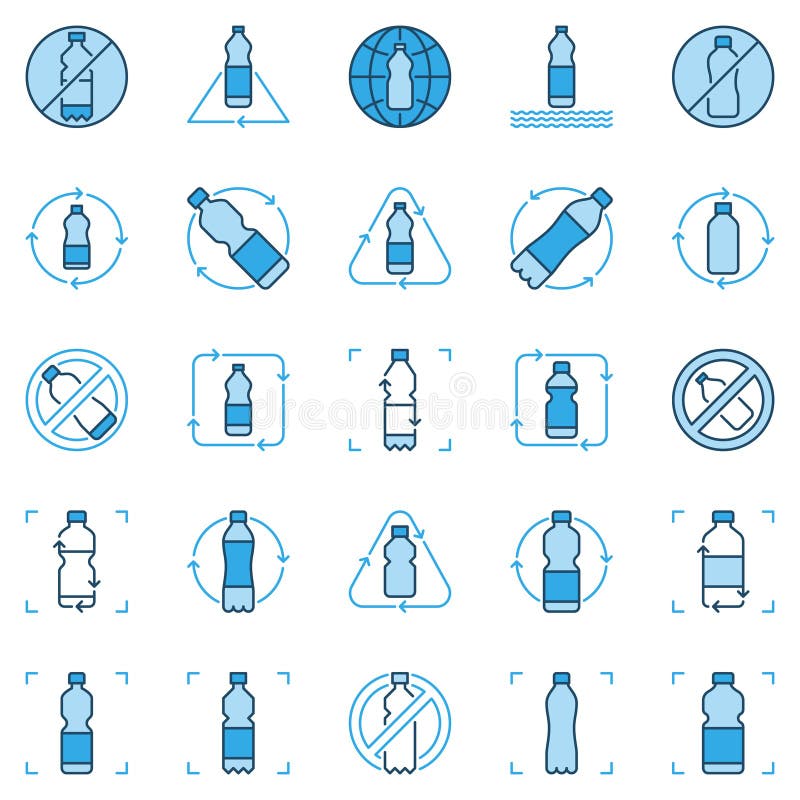 Plastic Bottle Recycling Blue Icons Set. Vector Recycle Signs Stock ...