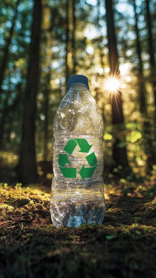Plastic Bottle with Recycling Symbol in Forest, Environmental Awareness ...