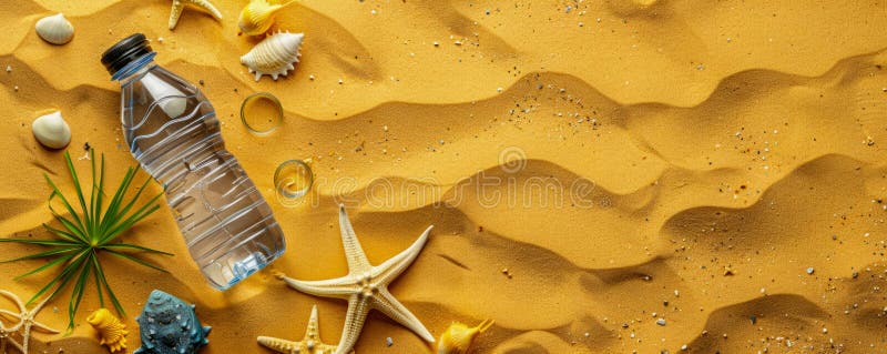 Plastic Bottle on Sandy Beach with Shells, Starfish, and Tropical ...